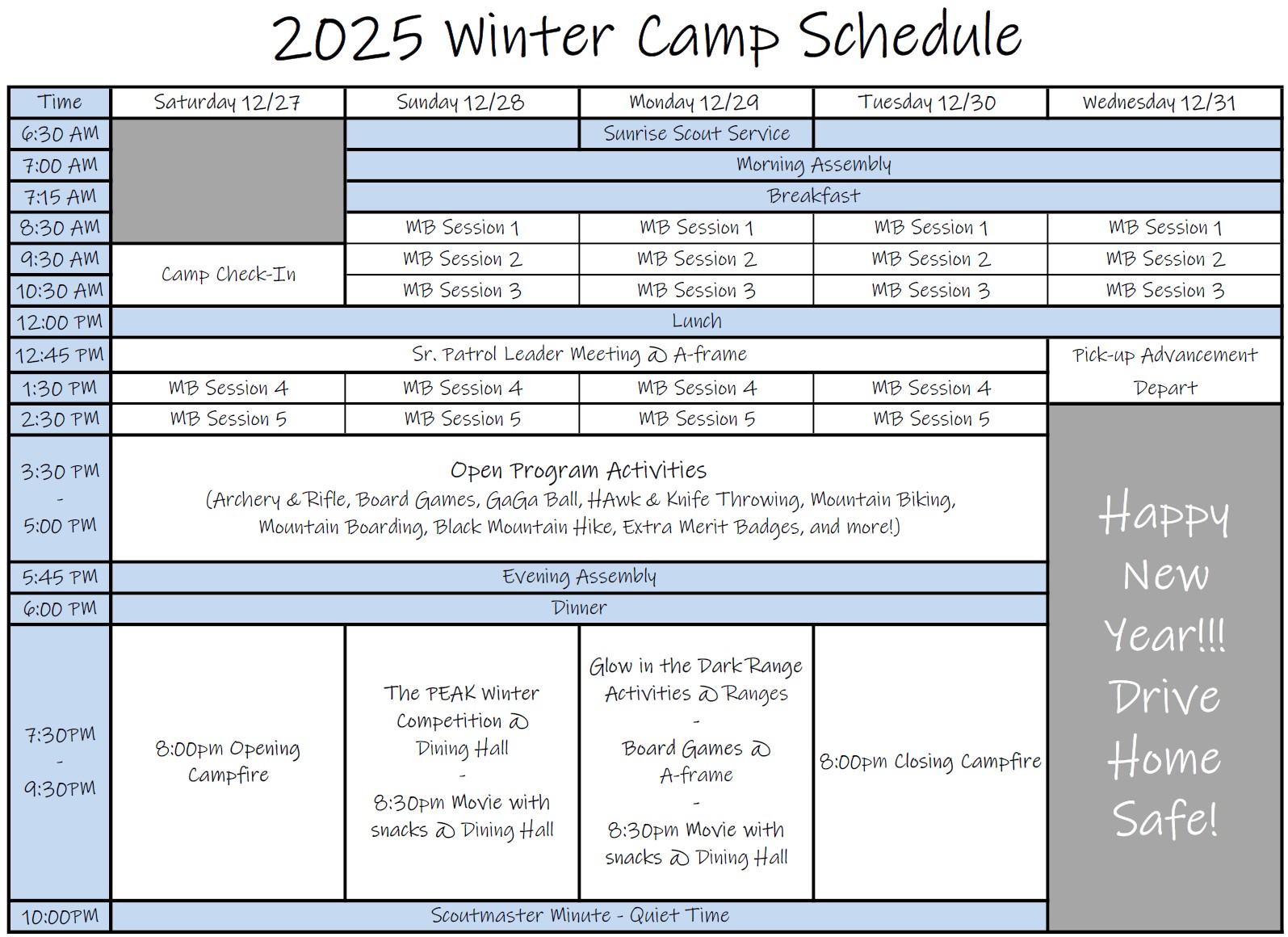 2025 Winter Camp Schedule Image – Adventure West Council